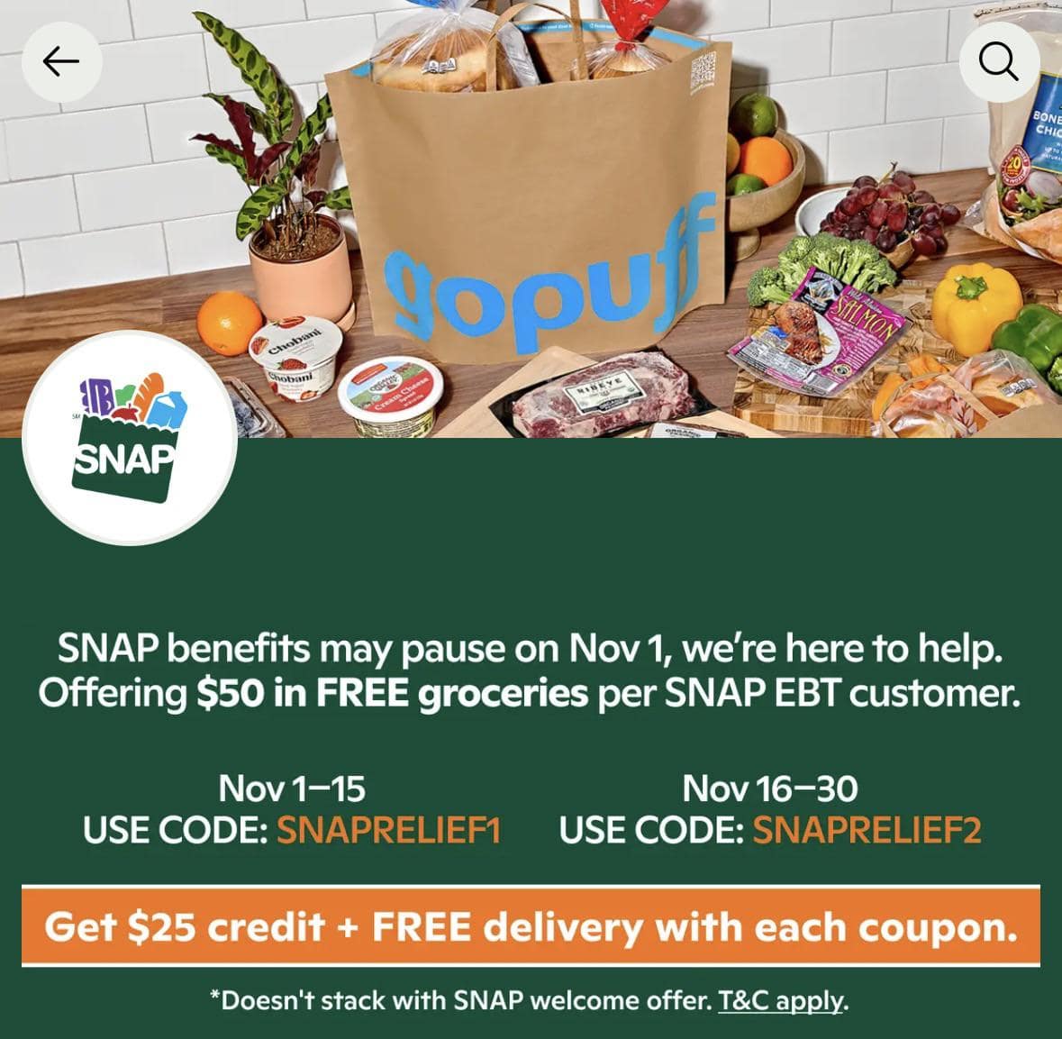 GoPuff: Two $25 Promo Codes for SNAP Recipients • Hey, It's Free!